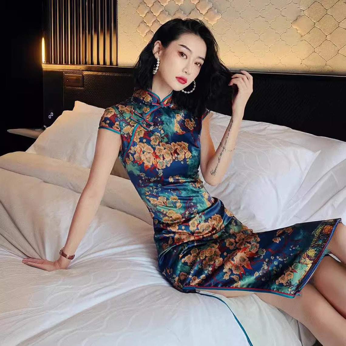 Modern Cheongsam, Summer Chinese Qipao, Blue With Patterns Long Length ...