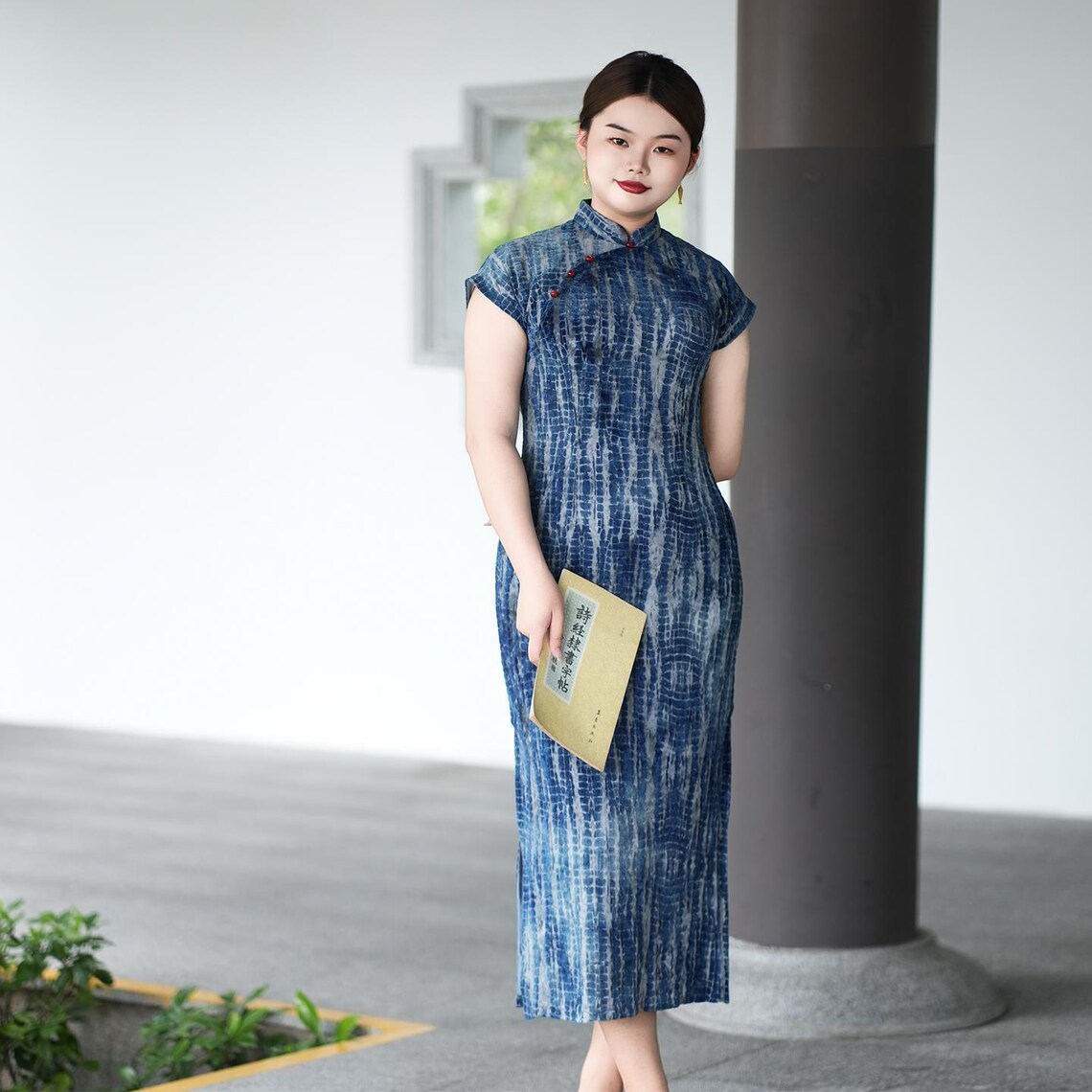 Blue Cheongsam, Summer Chinese Qipao, Long Length Daily Wear Dress Plus ...
