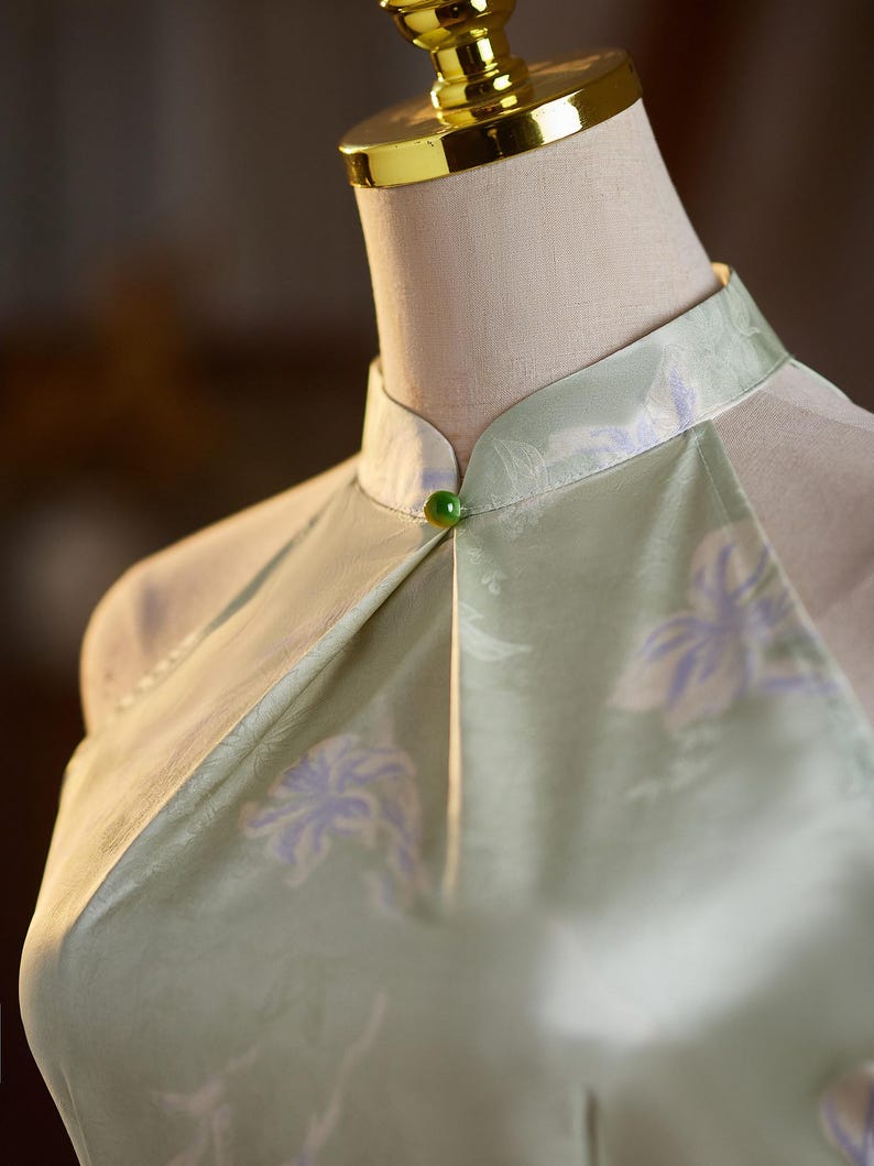 Floral Sleeveless Qipao Dress: Light Green Halter Neck Cheongsam - Etsy