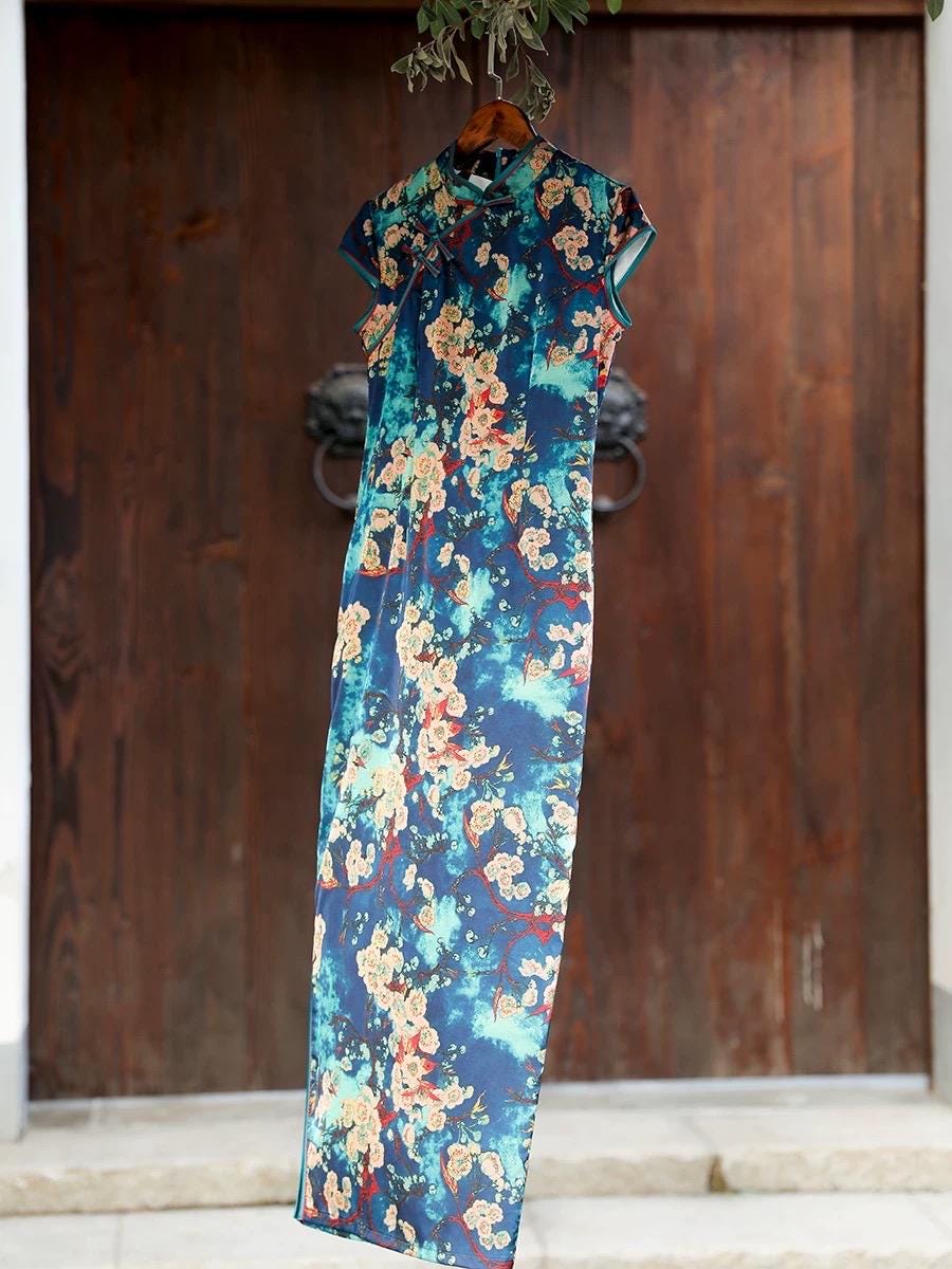 Modern Cheongsam, Summer Chinese Qipao, Blue With Patterns Long Length ...
