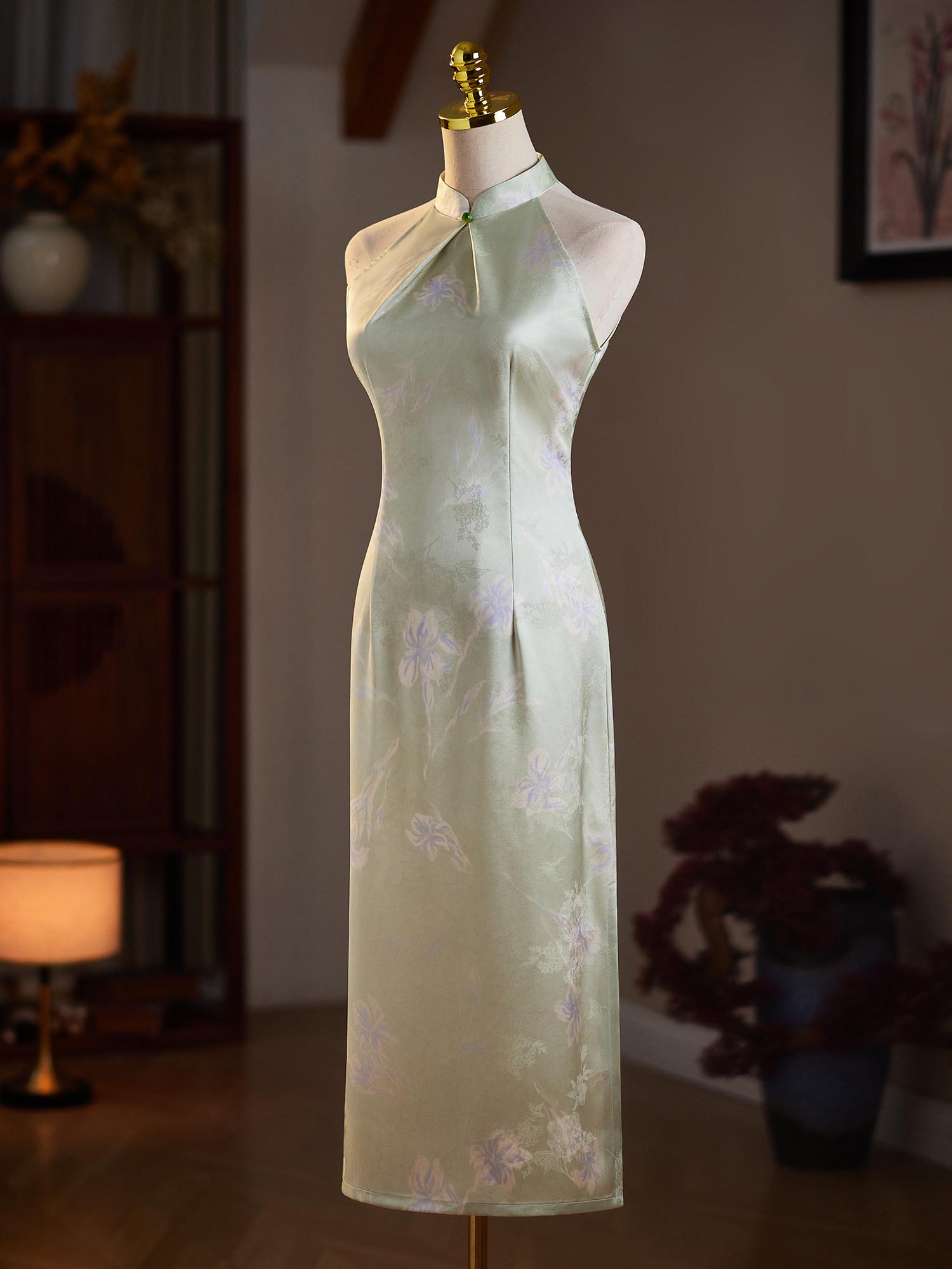 Floral Sleeveless Qipao Dress: Light Green Halter Neck Cheongsam - Etsy