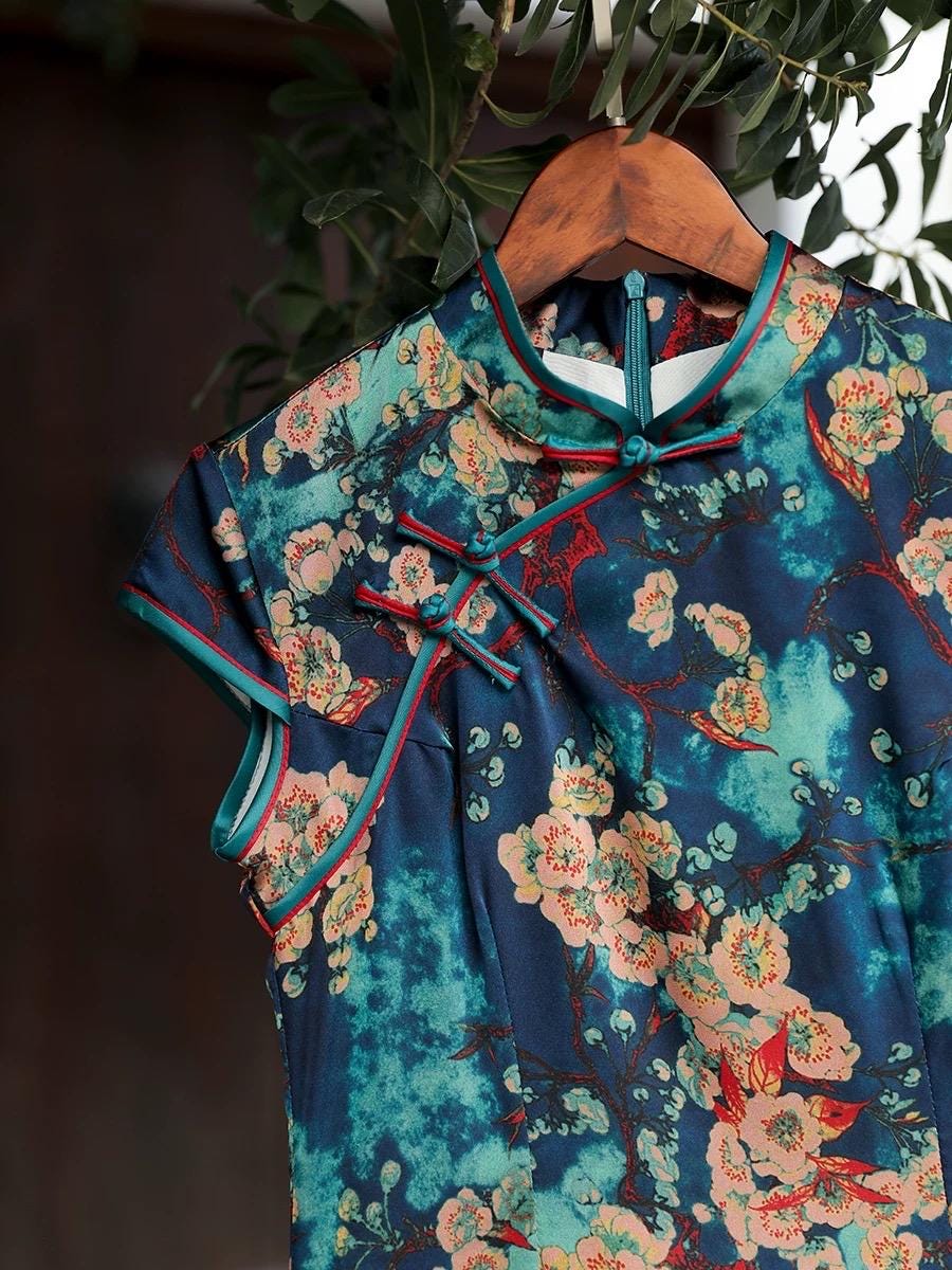 Modern Cheongsam, Summer Chinese Qipao, Blue With Patterns Long Length ...