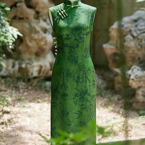 Green Sleeveless Cheongsam, Summer Chinese Qipao, Floral Pattern Daily ...