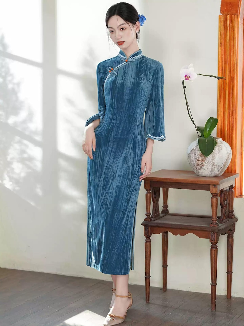 Navy Stretch Velvet Qi Pao: Shanghai Modernized Long Dress for Everyday ...