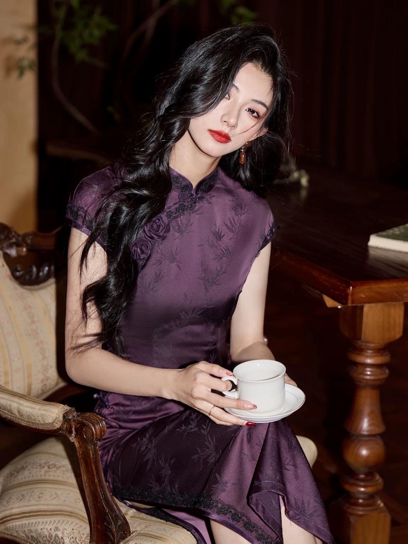 Modern Cheongsam Qipao: Purple Navy Dress With Blue Butterfly ...