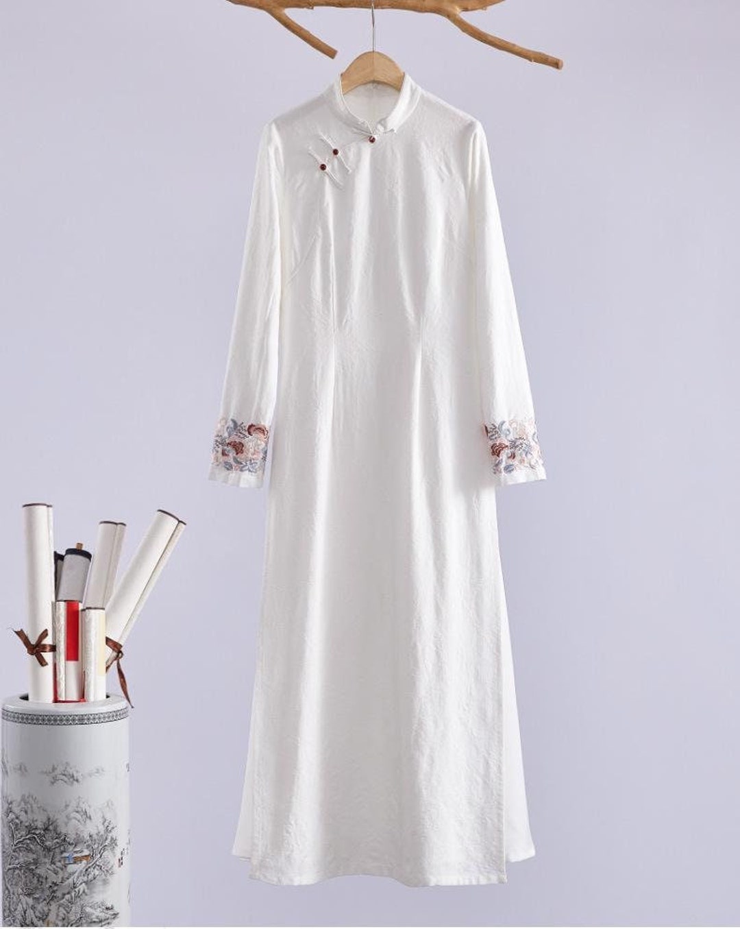 White Rayon Cheongsam Dress: Embroidered Qipao Ao Dai - Etsy