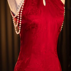 Wine Red Traditional Chinese Wedding Dress With Beaded Tassel Halter ...