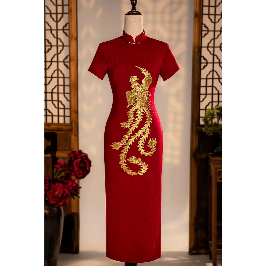 Elegant Wine Red Velvet Qipao | Phoenix Pattern Wedding & Tea Ceremony ...