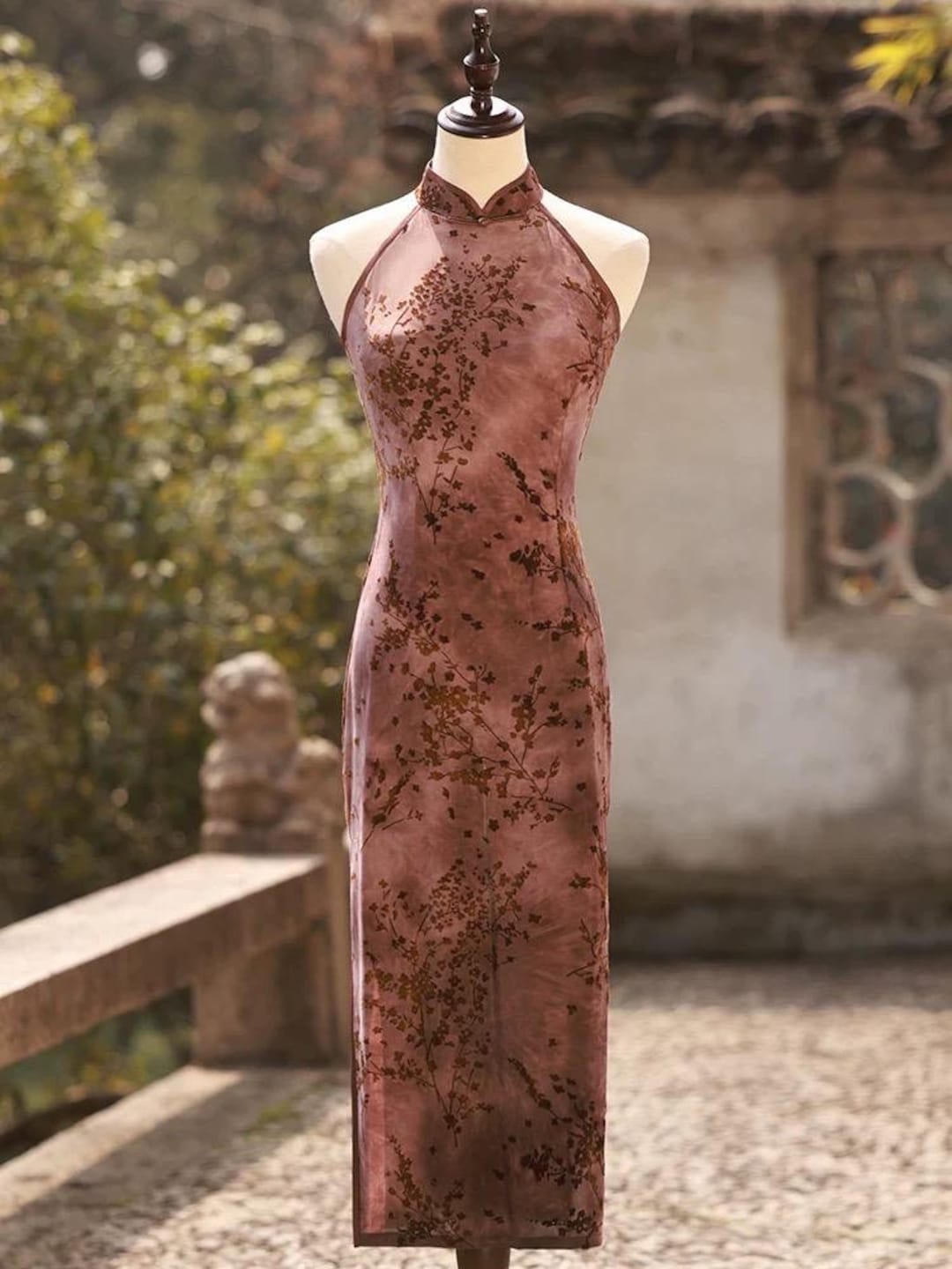 Brown Sleeveless Cheongsam, Summer Chinese Qipao, Long Length Daily ...