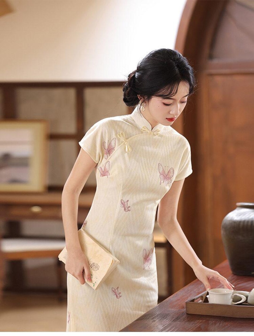 Butterfly Embroidered Qi Pao: Beige Short Sleeve Dress for Spring ...
