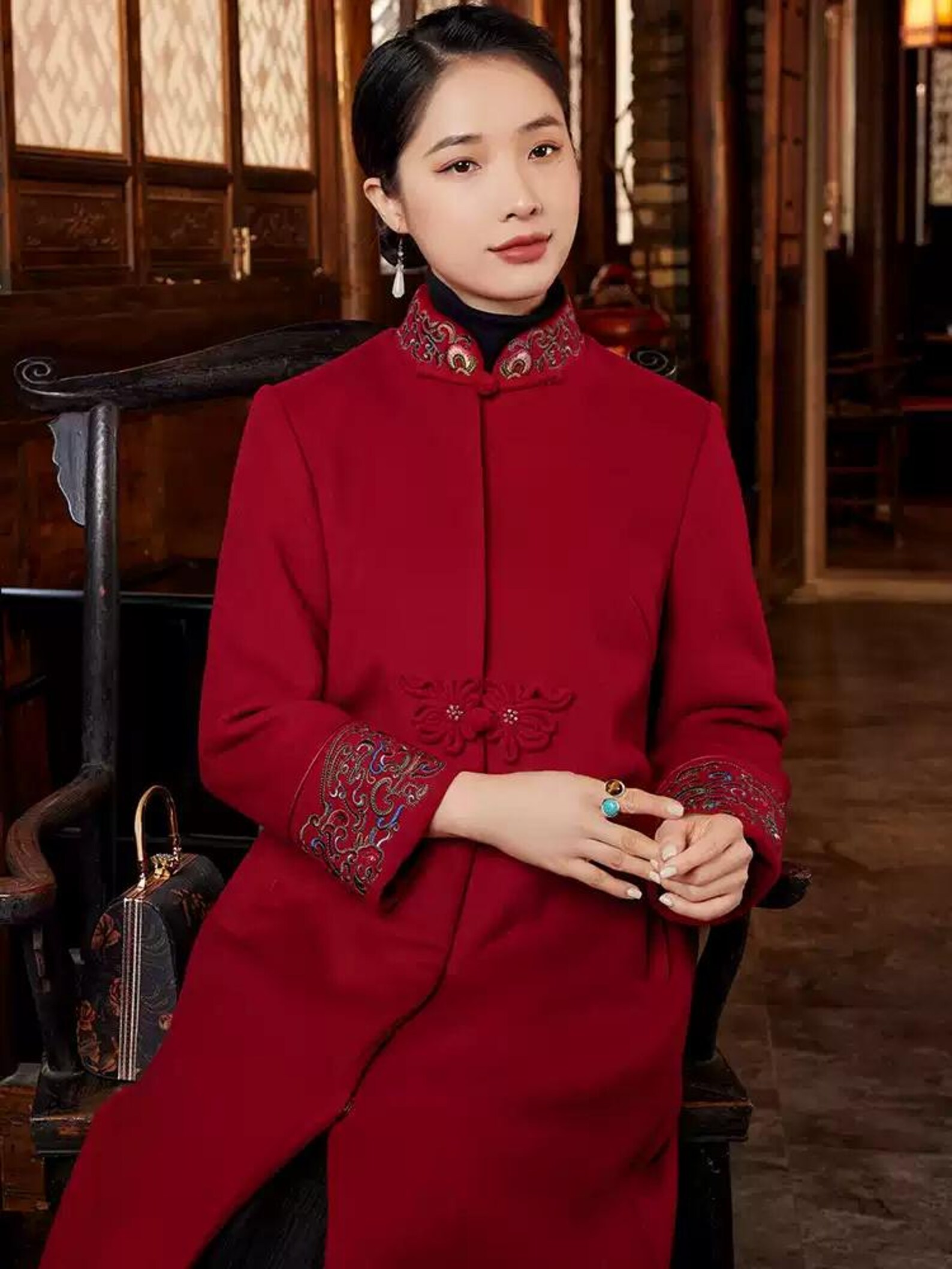 Embroidered Wool Long Tang Jacket: Burgundy Chinese Style Qipao ...