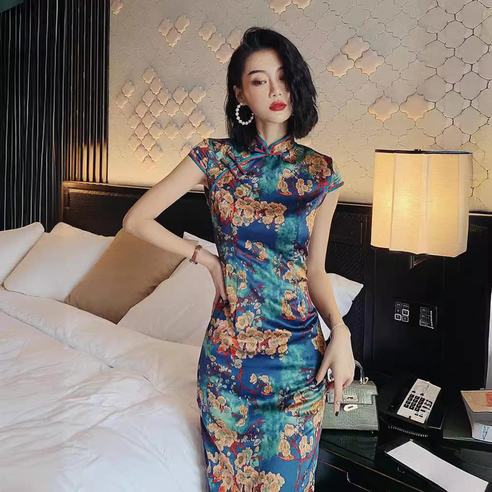 Modern Cheongsam, Summer Chinese Qipao, Blue With Patterns Long Length ...