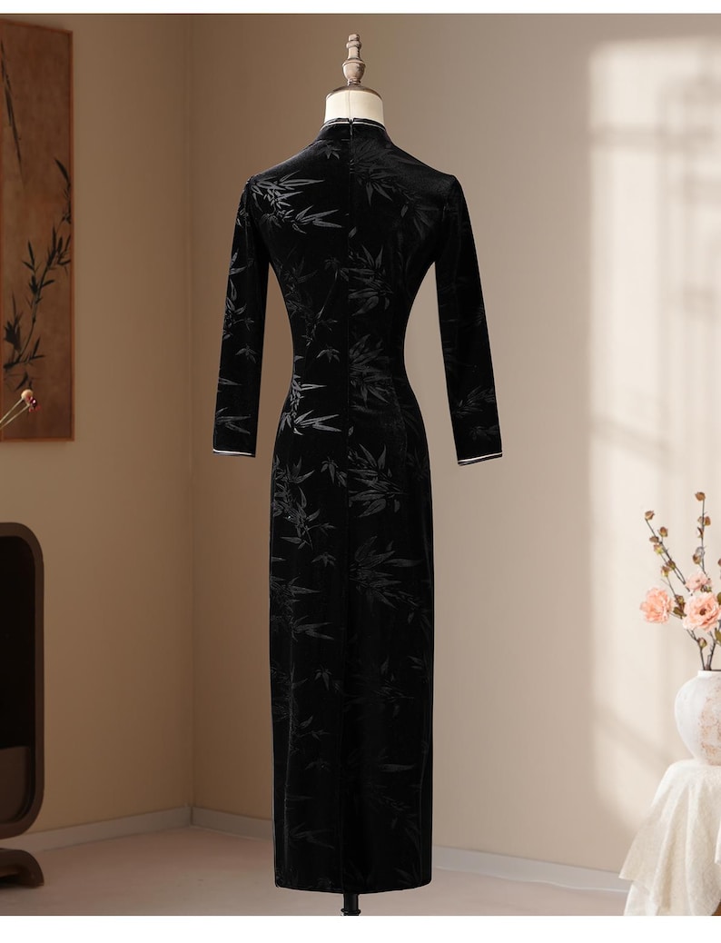Black Cheongsam Qipao: Long Chinese Dress With Bamboo Pattern - Etsy