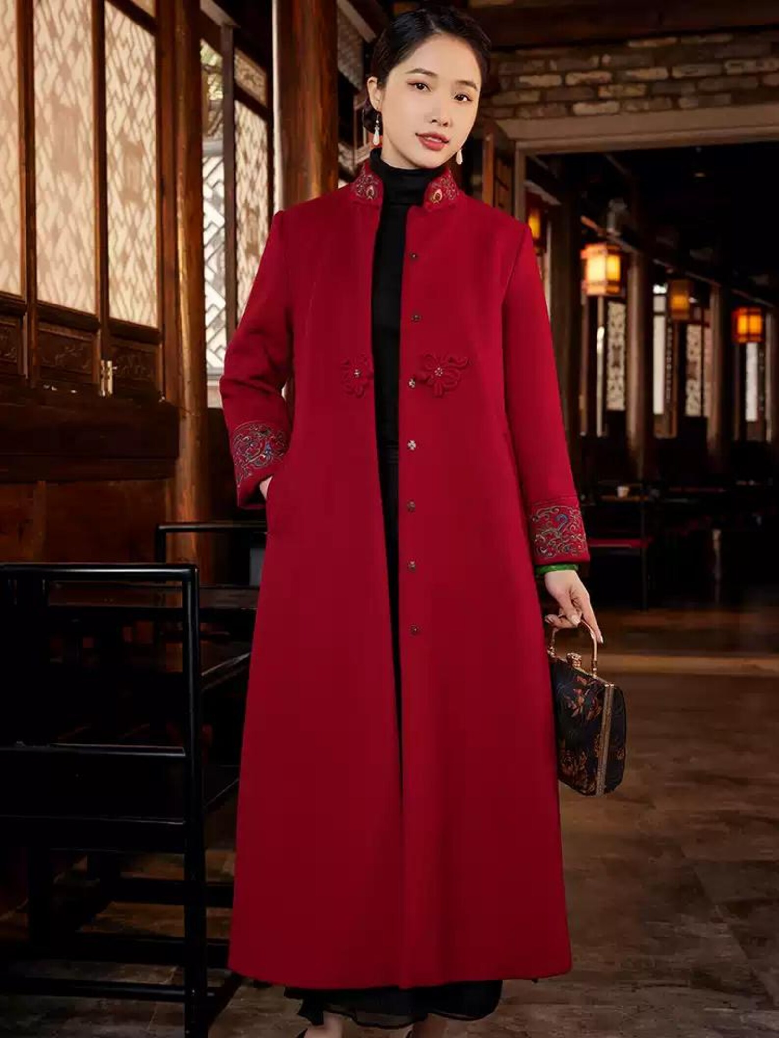 Embroidered Wool Long Tang Jacket: Burgundy Chinese Style Qipao ...