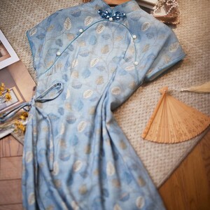 Light Blue Cheongsam, Summer Chinese Qipao, Floral Pattern Daily Wear ...