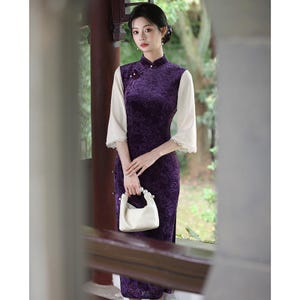 Lavender & White Lace Qi Pao: Bell Sleeve Modern Cheongsam for Daily ...