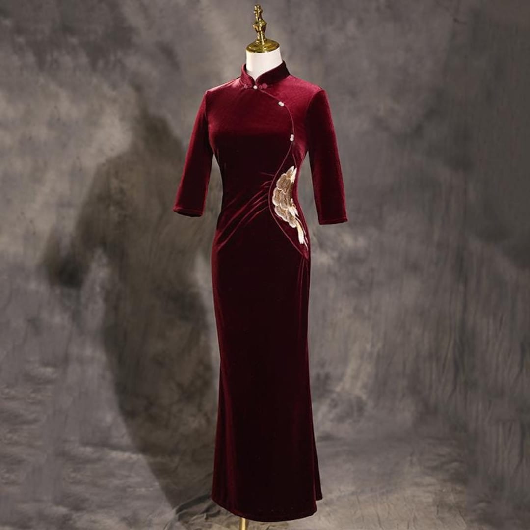 Burgundy Fall Chinese Qipao Dress Cheongsam Traditional Chinese Chipao ...