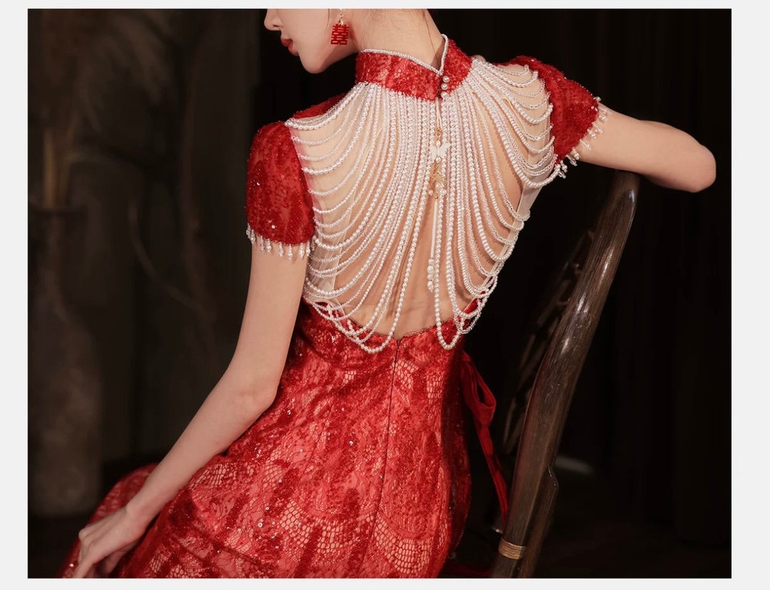 Red Lace Chinese Wedding Dress Open Back Cheongsam Qipao Dress ...