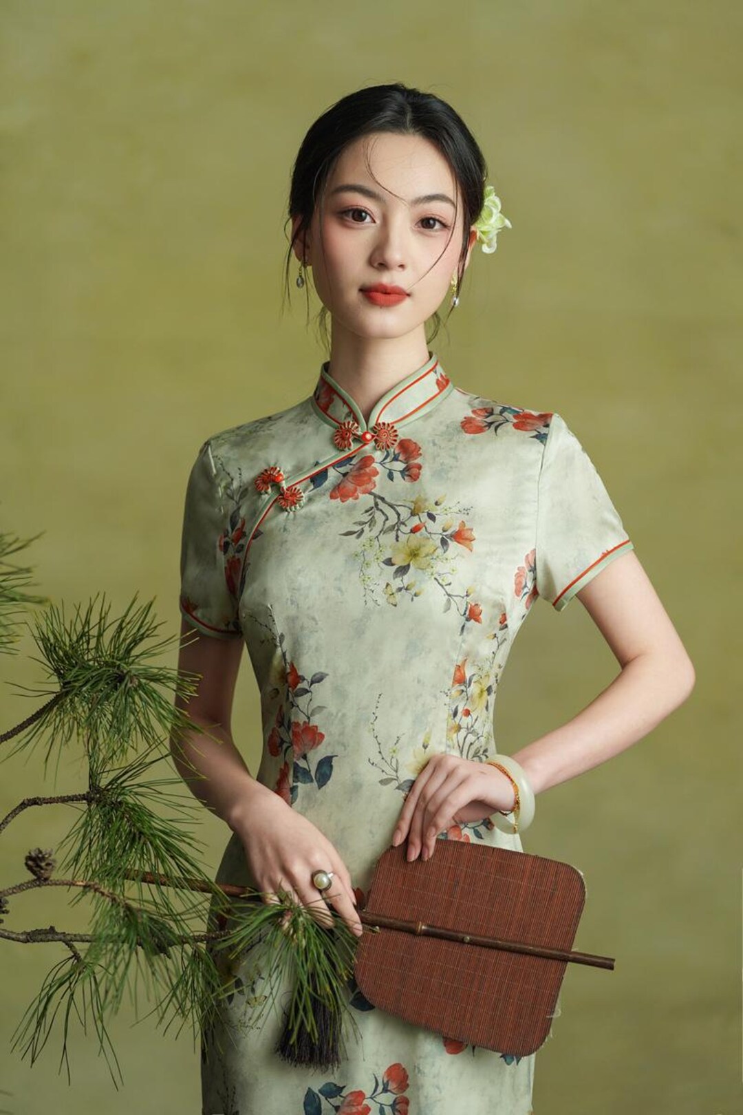 Floral Long Qi Pao: Flower Frog Button Vintage Dress for Spring Summer ...