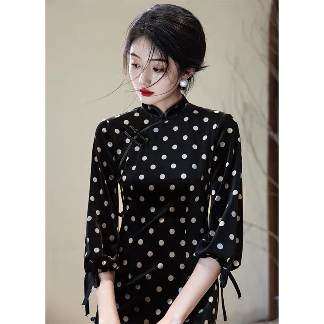 Velvet Polka Dot Qipao With Big Sleeves Hong Kong Style Daily Wear Chinese Cheongsam Traditional ...