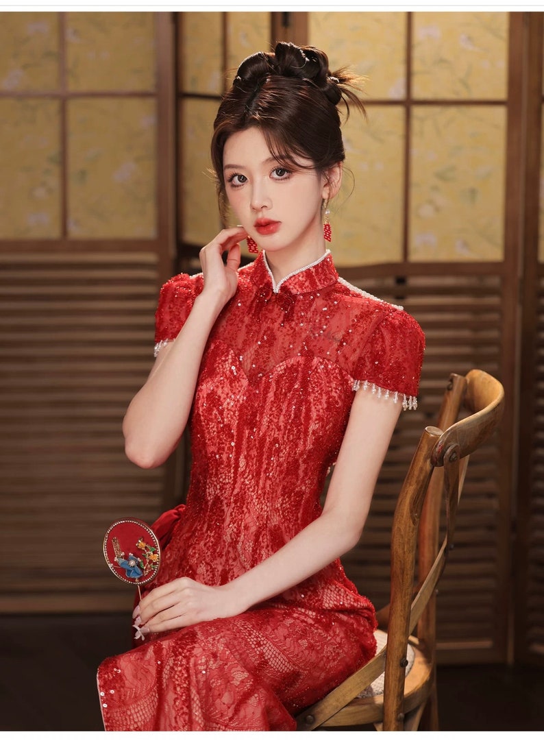 Customizable Red Lace Chinese Wedding Dress Open Back Cheongsam Qipao ...
