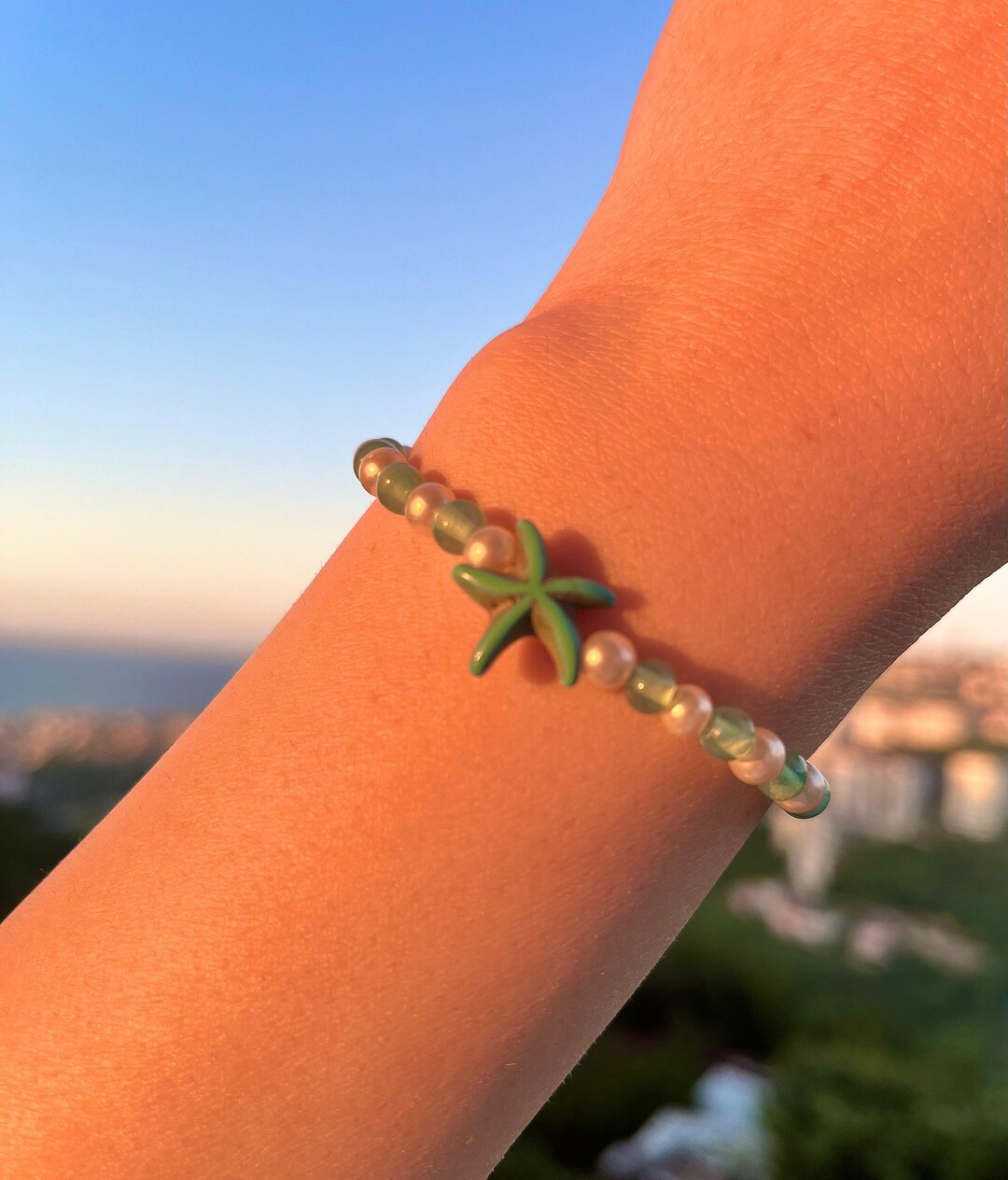 Handmade Green and Beaje Beaded Starfish Bracelet, Boho Jewelry, Summer ...