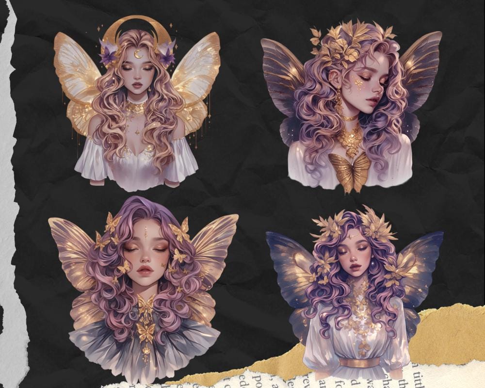 Watercolor Moth Goddess Clipart Bundle: Fantasy Shimmering PNG Images ...