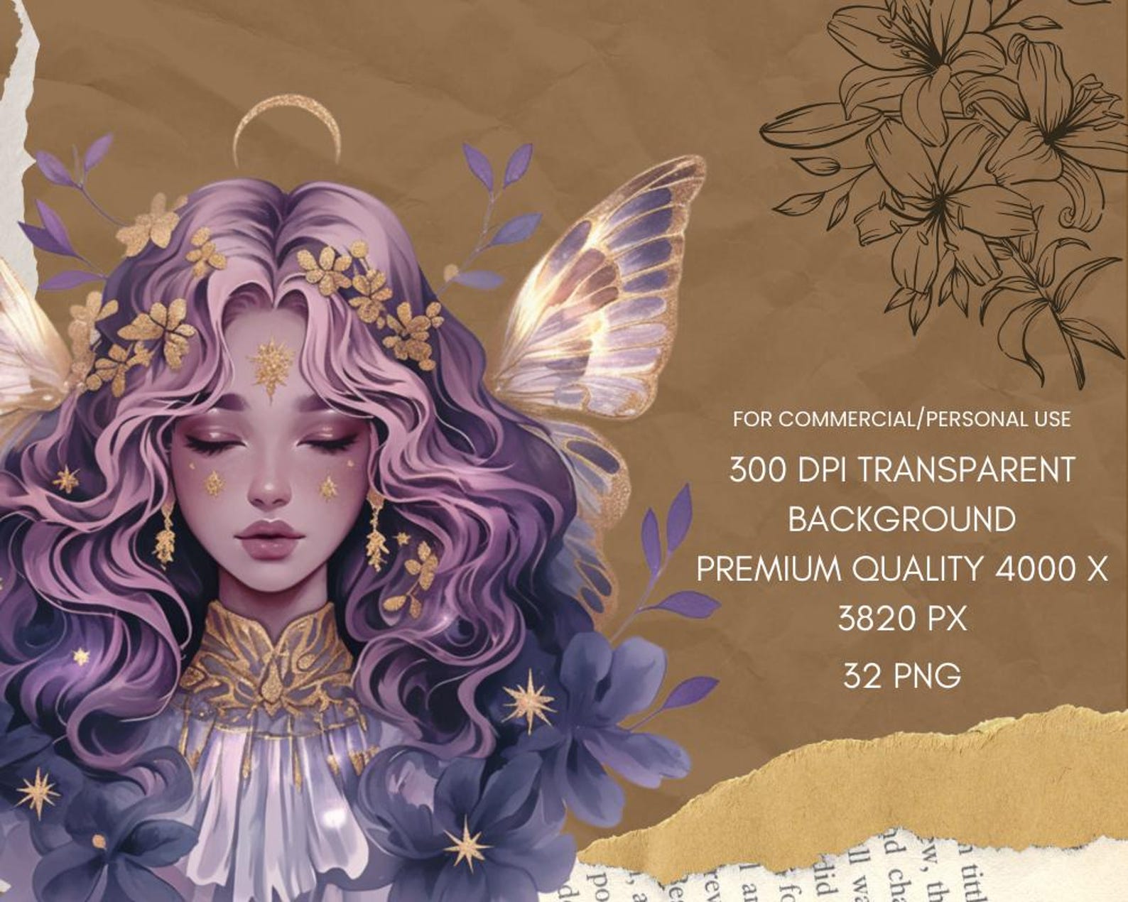 Watercolor Moth Goddess Clipart Bundle: Fantasy Shimmering PNG Images ...