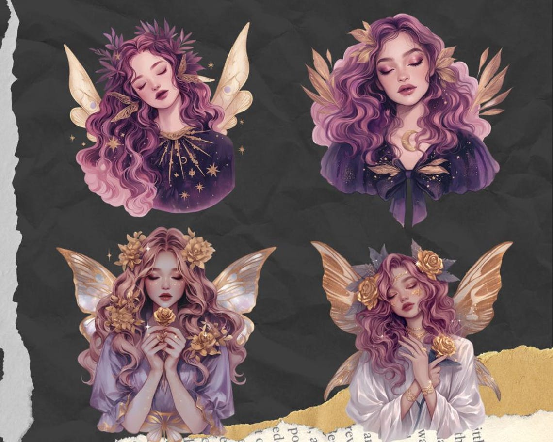 Watercolor Moth Goddess Clipart Bundle: Fantasy Shimmering PNG Images ...