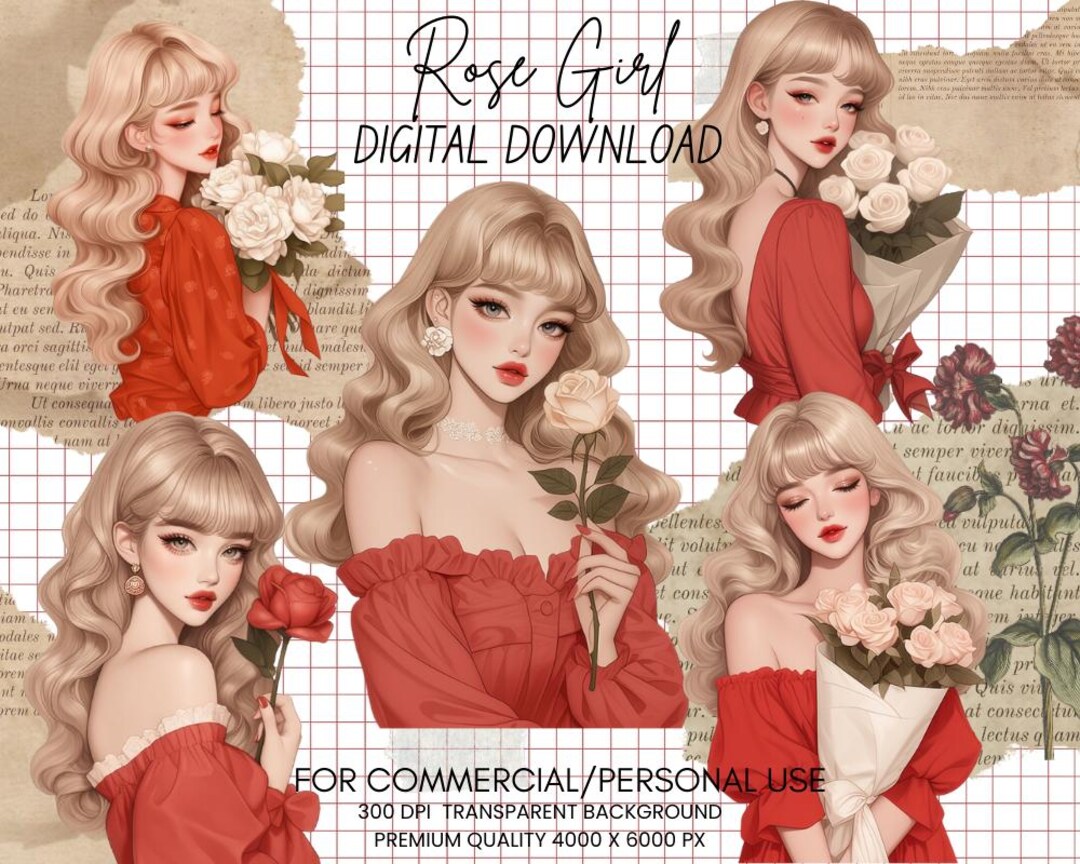 Rose Girl Clipart Bundle: Watercolor Flower Pngs for Scrapbooking ...