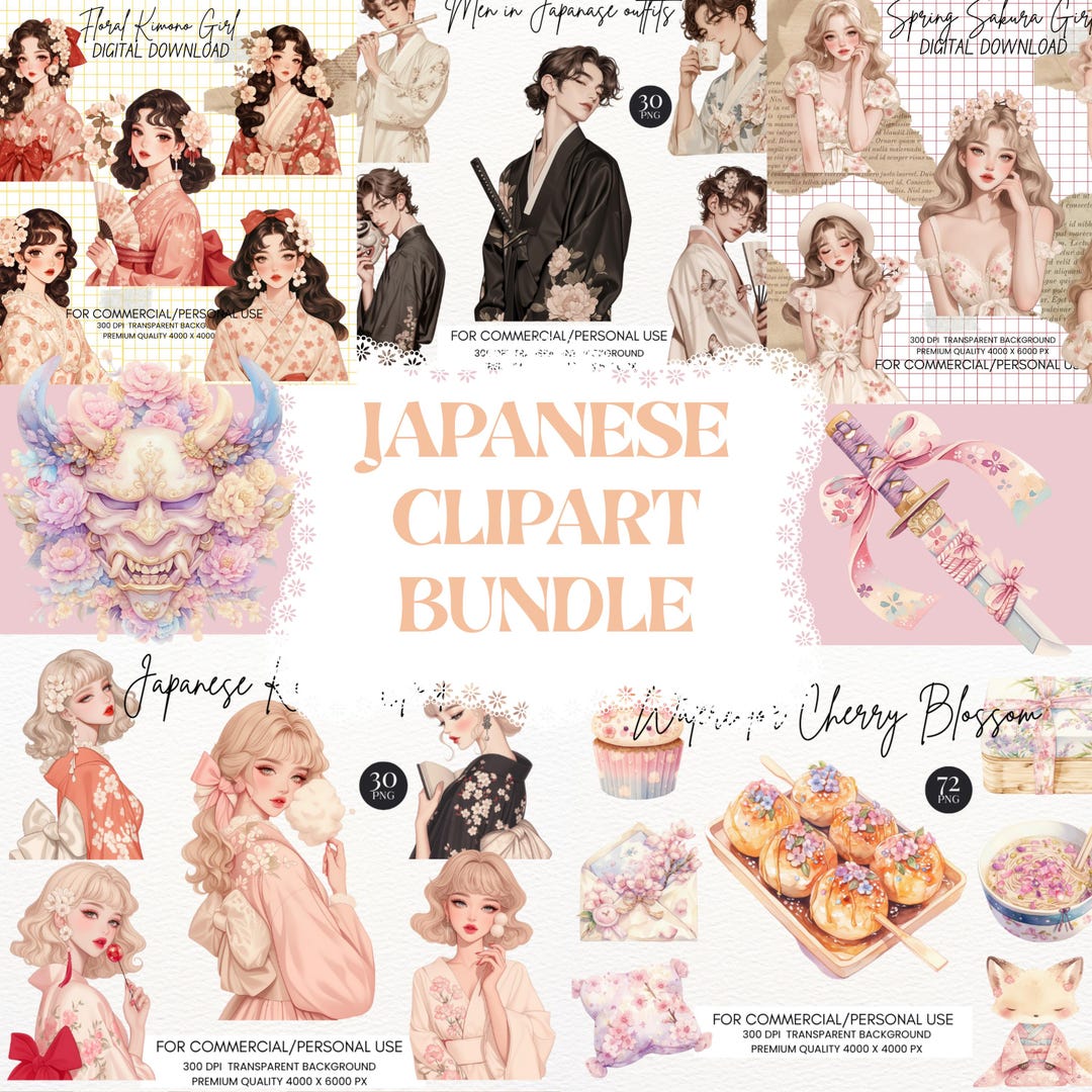 Watercolor Japanese Clipart Bundle: Kimono, Cherry Blossom (digital ...
