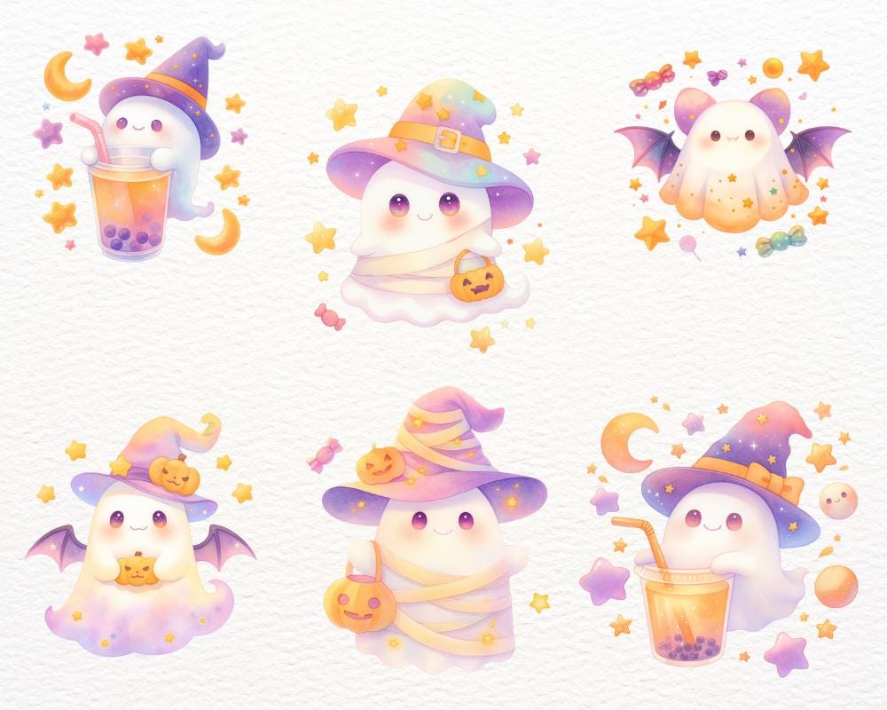 Kawaii Halloween Ghost Clipart Bundle – Witch, Pumpkin, Bat (commercial ...