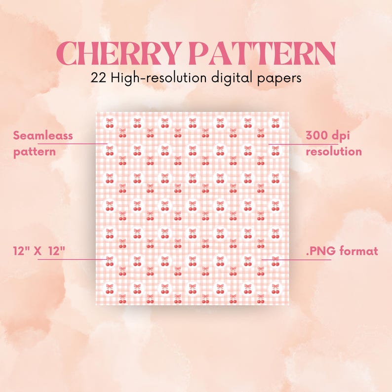 Pink Coquette Cherry Digital Paper Bundle: Seamless Patterns (12x12 ...