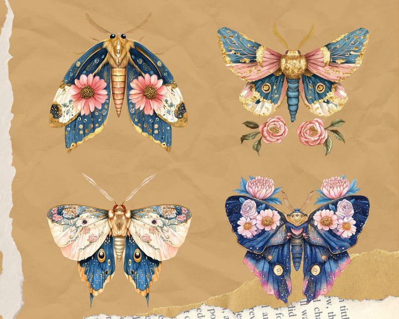 Watercolor Vintage Moth Clipart Bundle: Royal, Wiccan, Roses (PNG ...