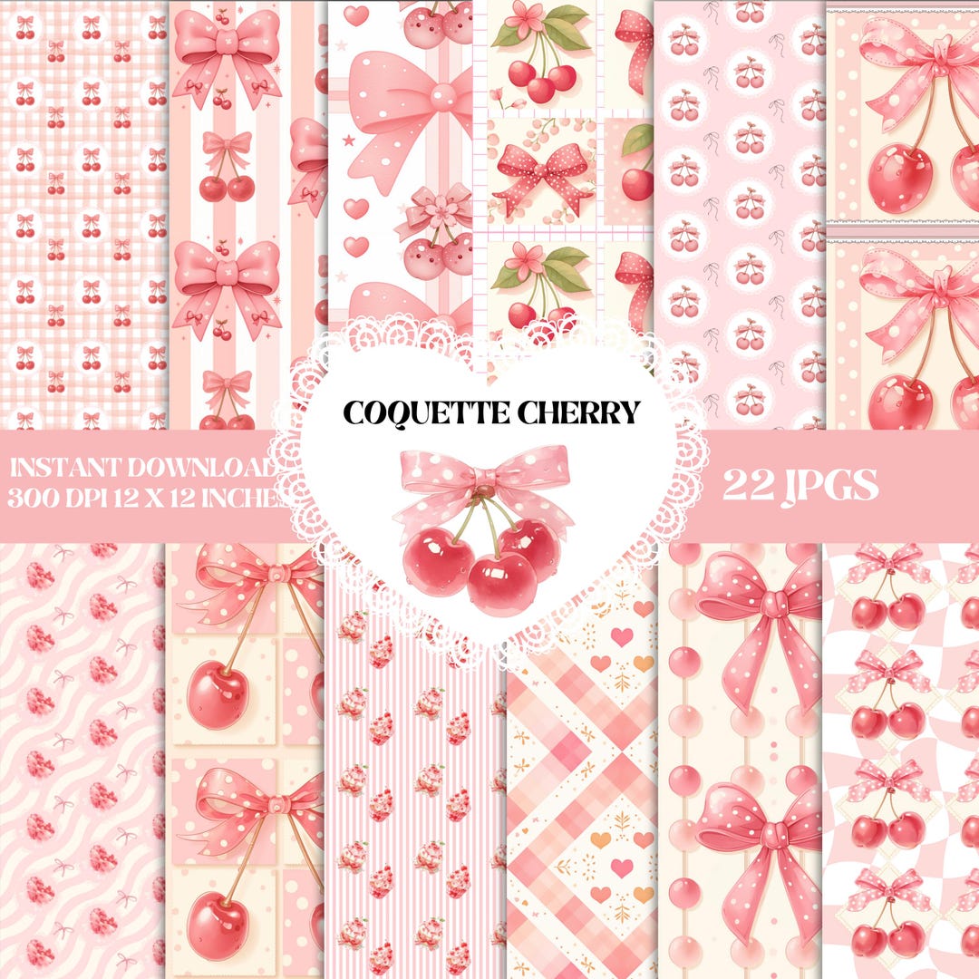 Pink Coquette Cherry Digital Paper Bundle: Seamless Patterns (12x12 ...