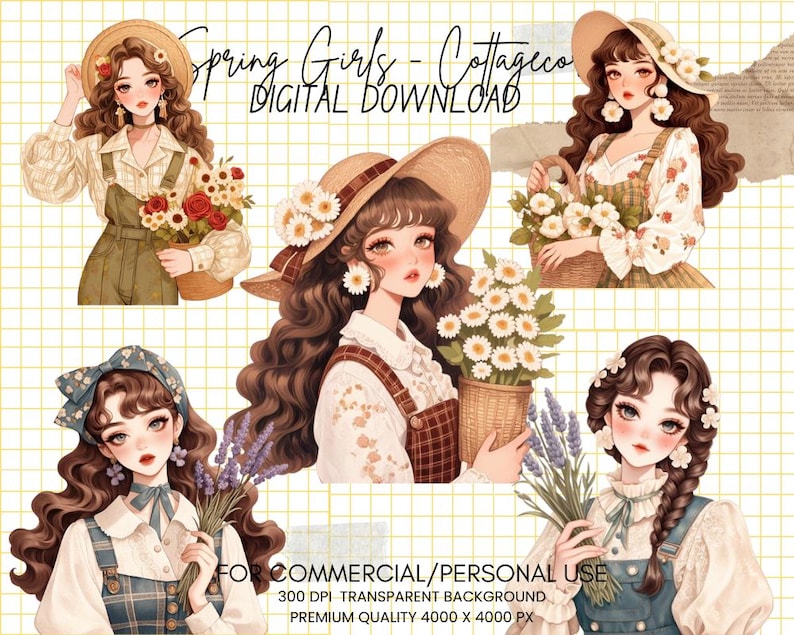 Watercolor Spring Girls Clipart Bundle: Cottagecore Floral PNG (digital ...
