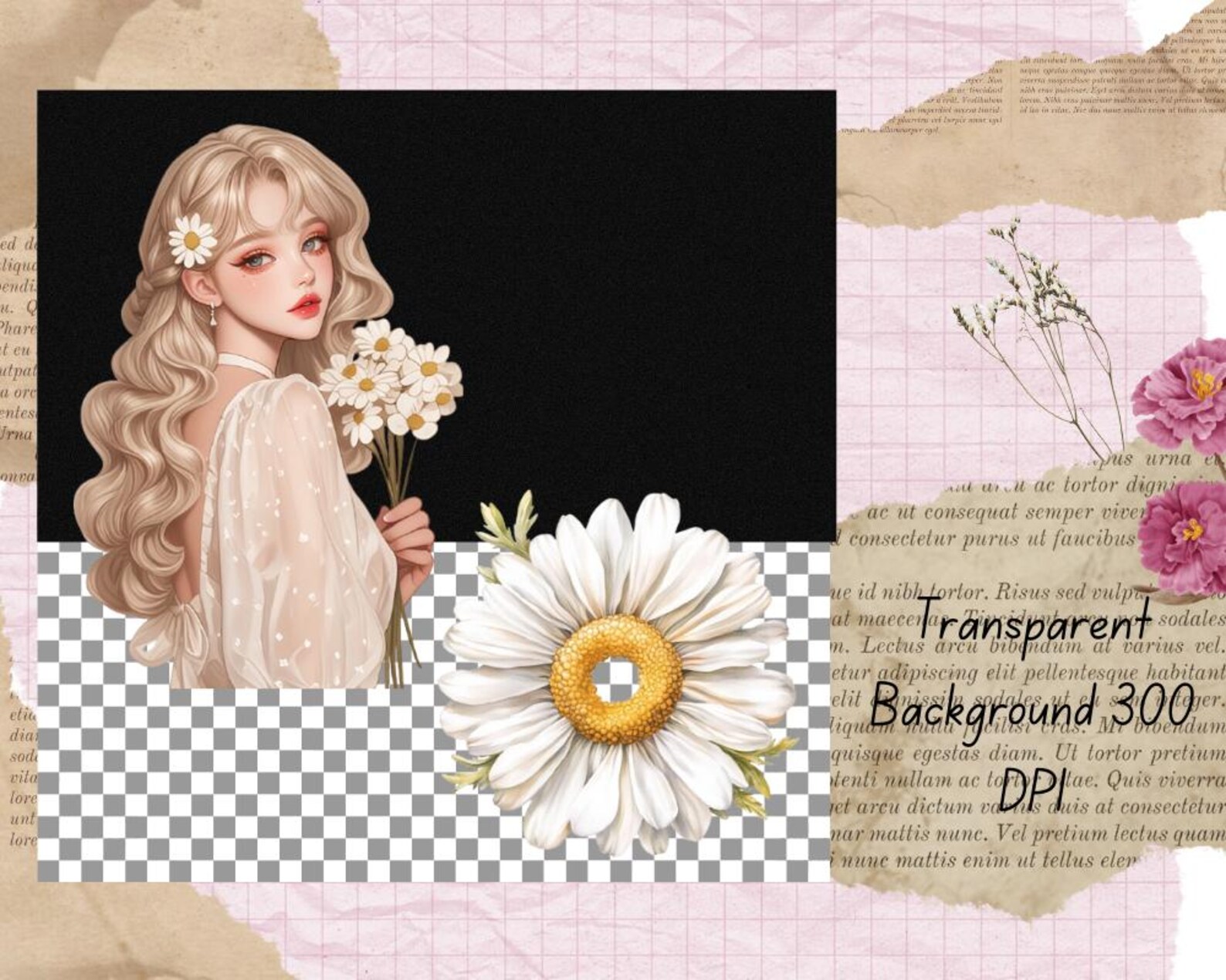 Daisy Girls Clipart Bundle: Spring Floral Graphics, Transparent PNG ...