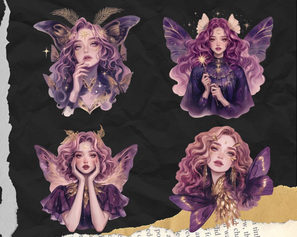 Watercolor Moth Goddess Clipart Bundle: Fantasy Shimmering PNG Images ...