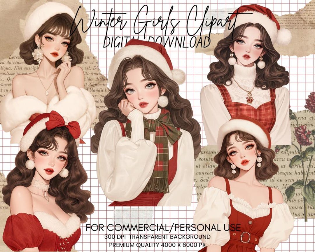 Watercolor Winter Girls Clipart Bundle: Red Sweaters, Christmas Theme ...