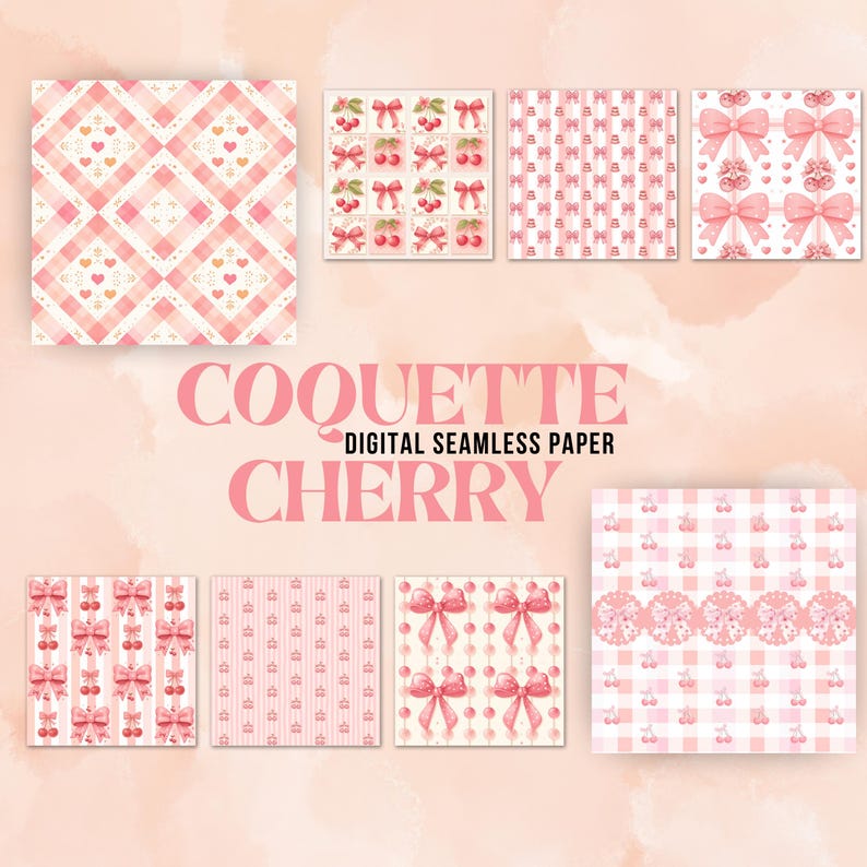 Pink Coquette Cherry Digital Paper Bundle: Seamless Patterns (12x12 ...