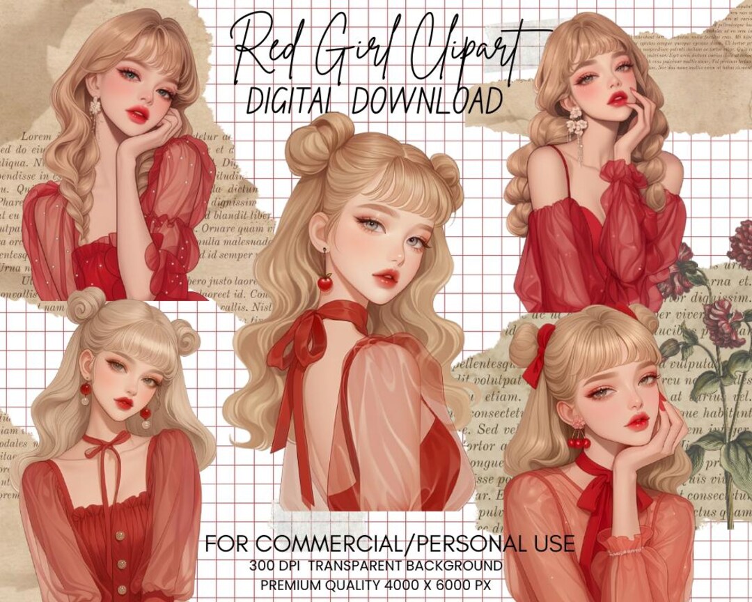 Cute Red Girl Clipart Bundle - Coquette Red Girl,girl Illustration ...
