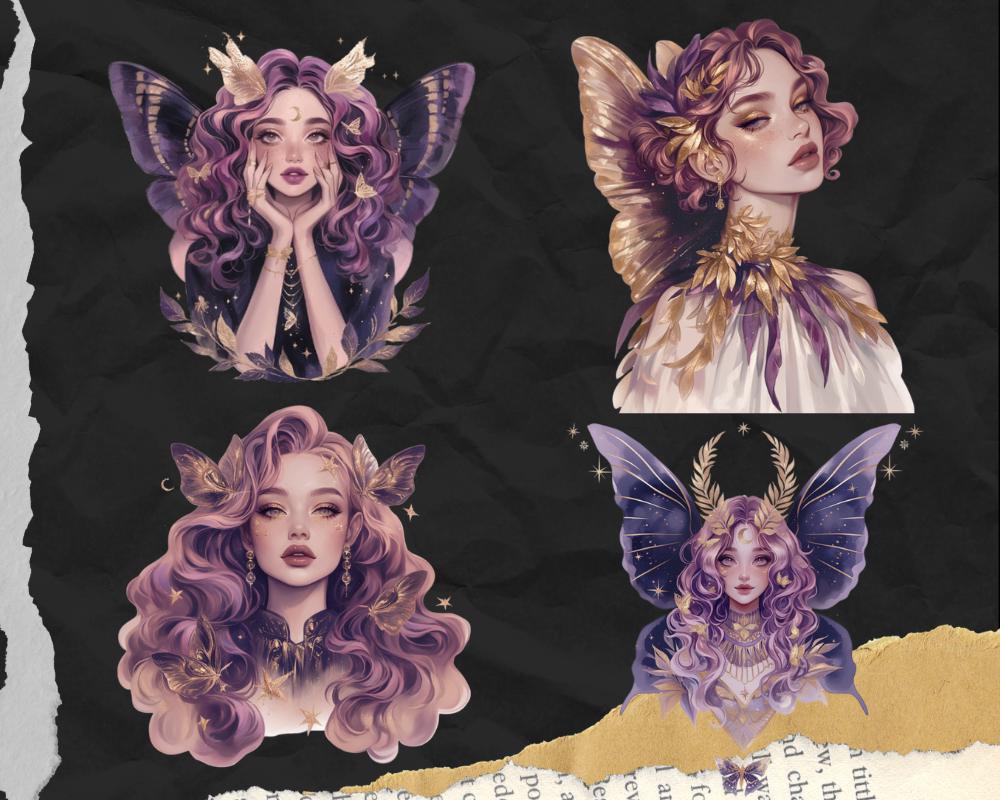 Watercolor Moth Goddess Clipart Bundle: Fantasy Shimmering PNG Images ...