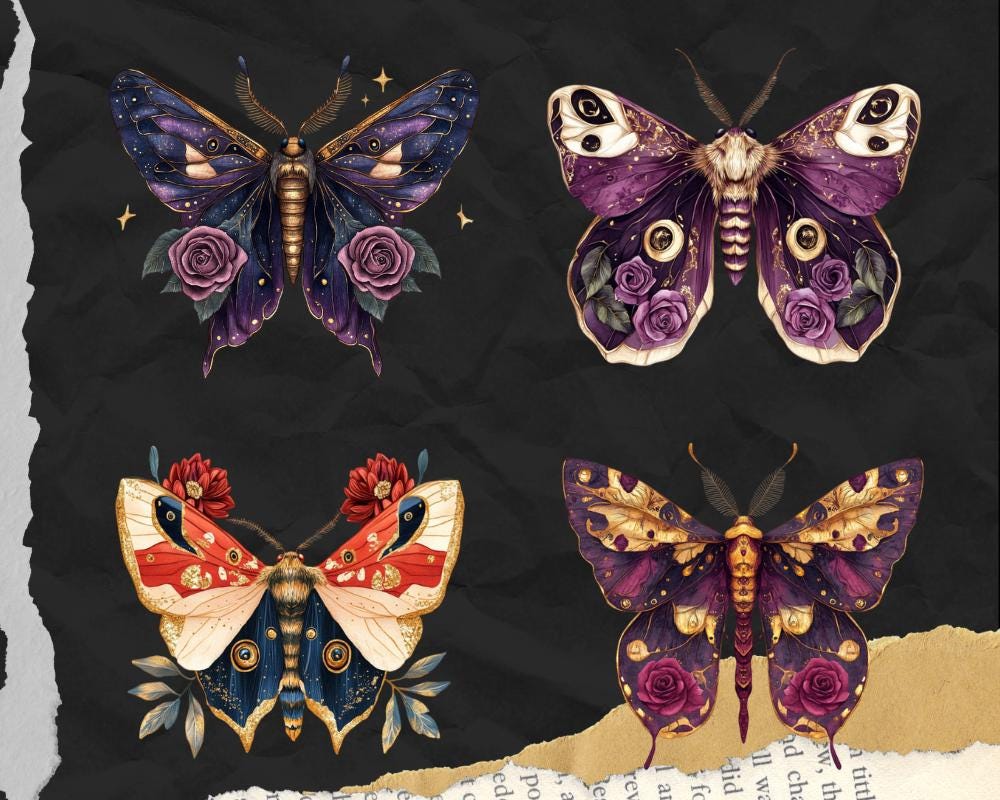 Watercolor Vintage Moth Clipart Bundle: Royal, Wiccan, Roses (PNG ...