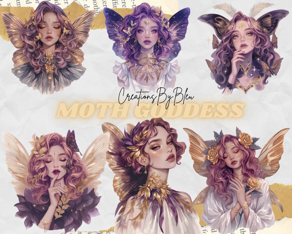 Watercolor Moth Goddess Clipart Bundle: Fantasy Shimmering PNG Images ...