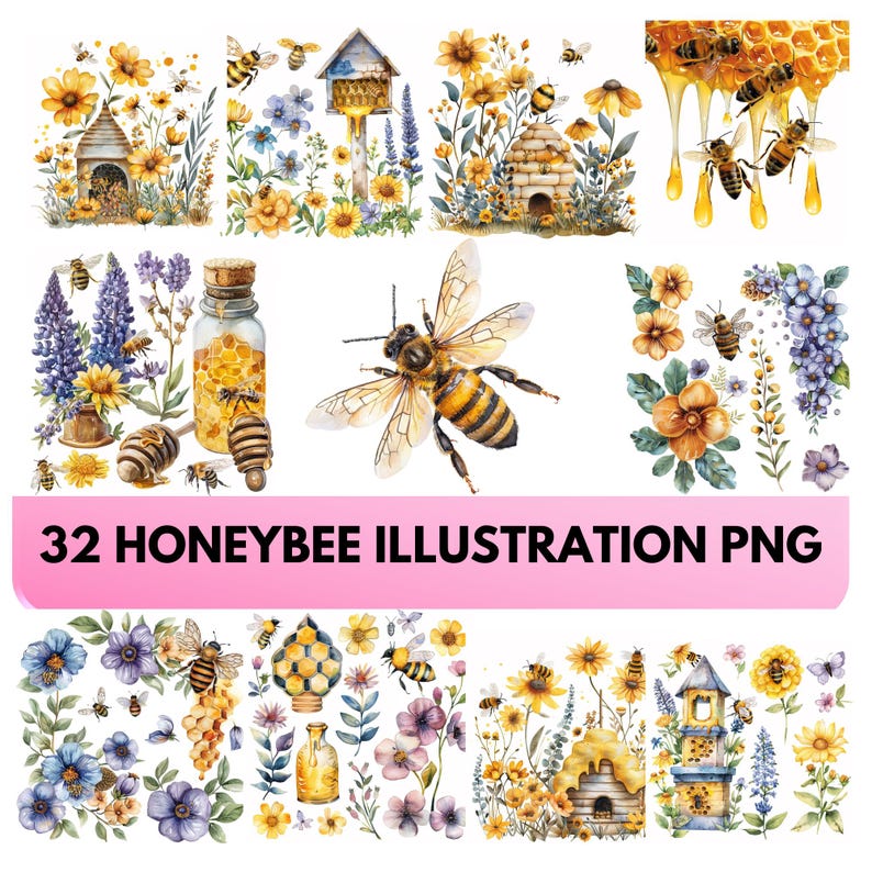 Watercolor Honey Bee Clipart Bundle, Spring Garden Bee and Honey Drips ...