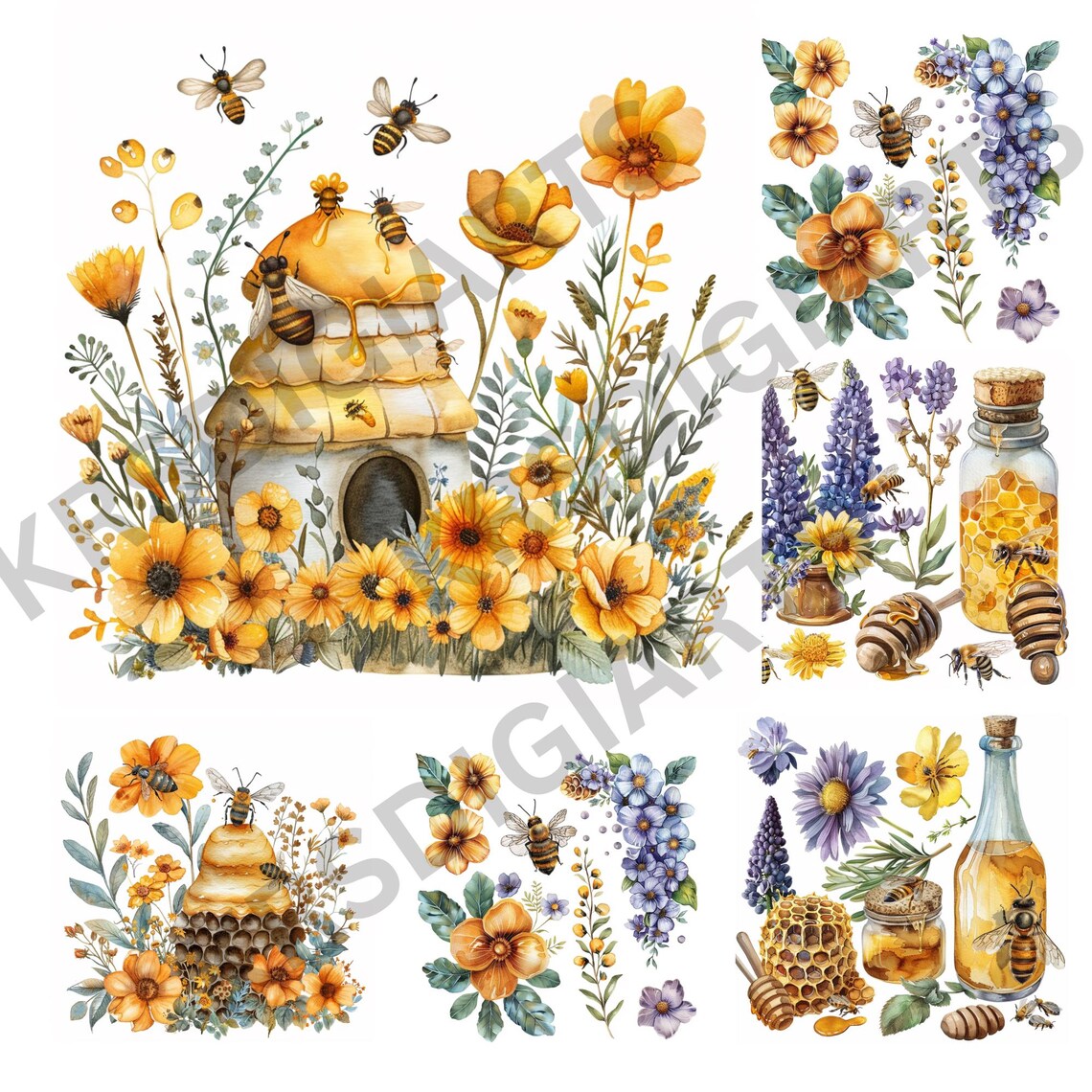 Watercolor Honey Bee Clipart Bundle, Spring Garden Bee and Honey Drips ...
