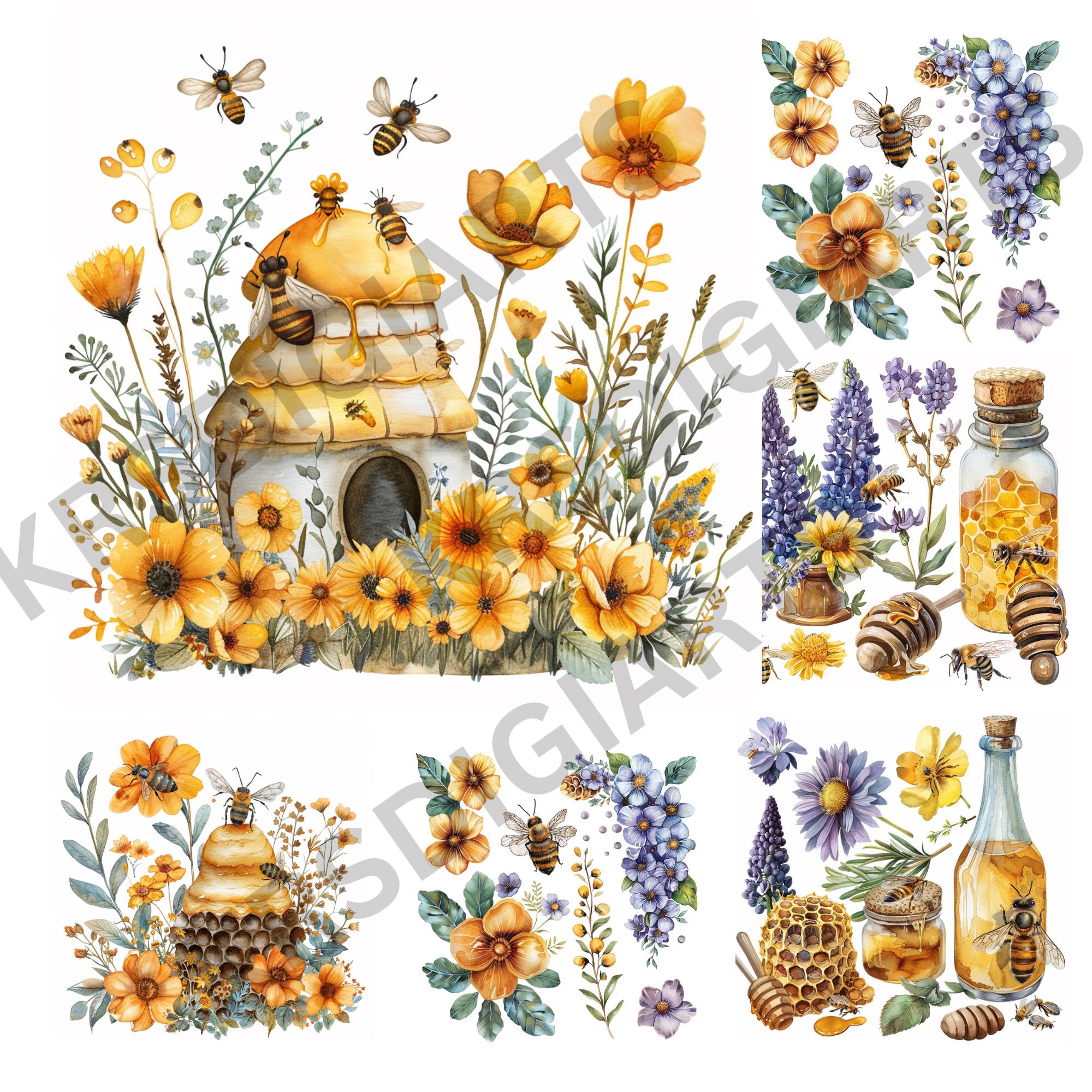 Watercolor Honey Bee Clipart Bundle, Spring Garden Bee and Honey Drips ...
