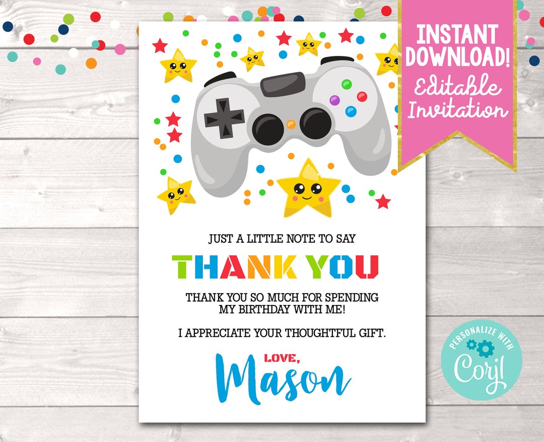 Instant Download Gamer Thank You Card, Editable Boys Video Game Thank ...