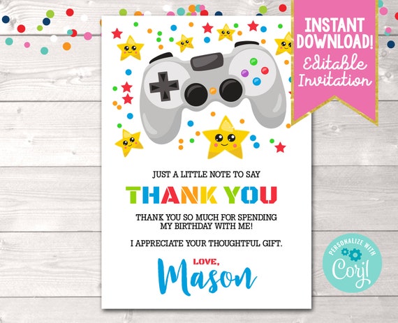 Instant Download Gamer Thank You Card, Editable Boys Video Game Thank ...