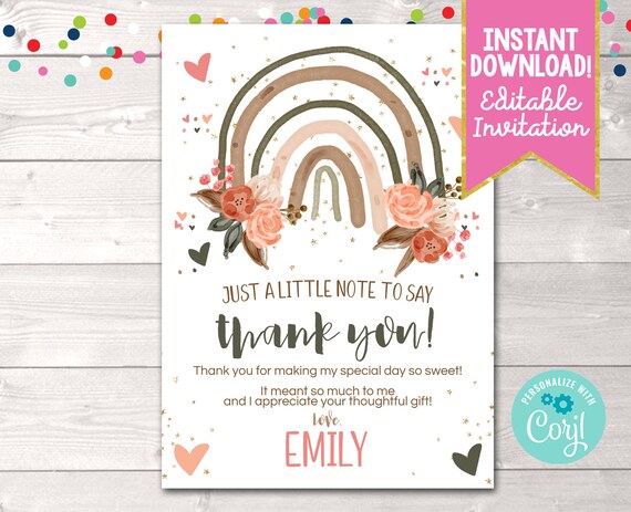 Instant Download Boho Rainbow Thank You Card Editable Girls - Etsy